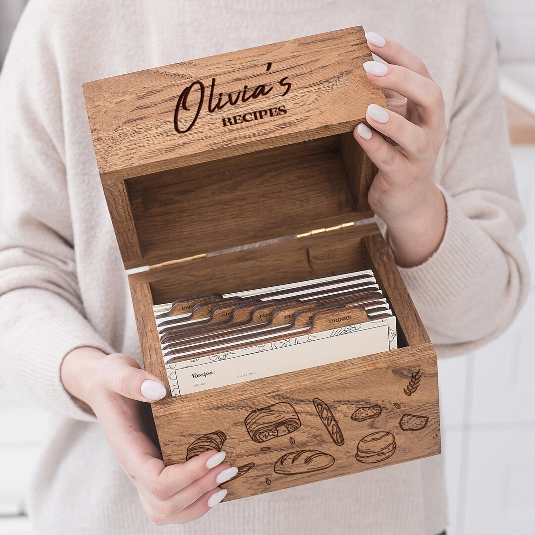 Personalized Wooden Recipe Box 4x6, Engraved Recipe Card Holder, Custom ...