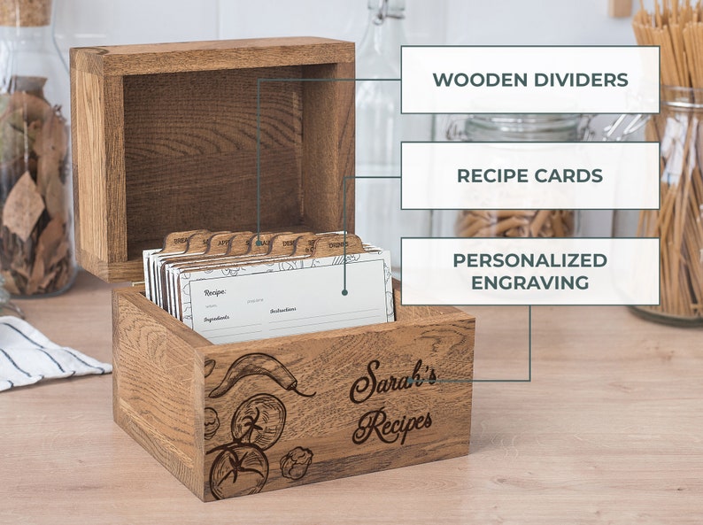 Personalized Wooden Recipe Card Box With Dividers for Handwritten ...