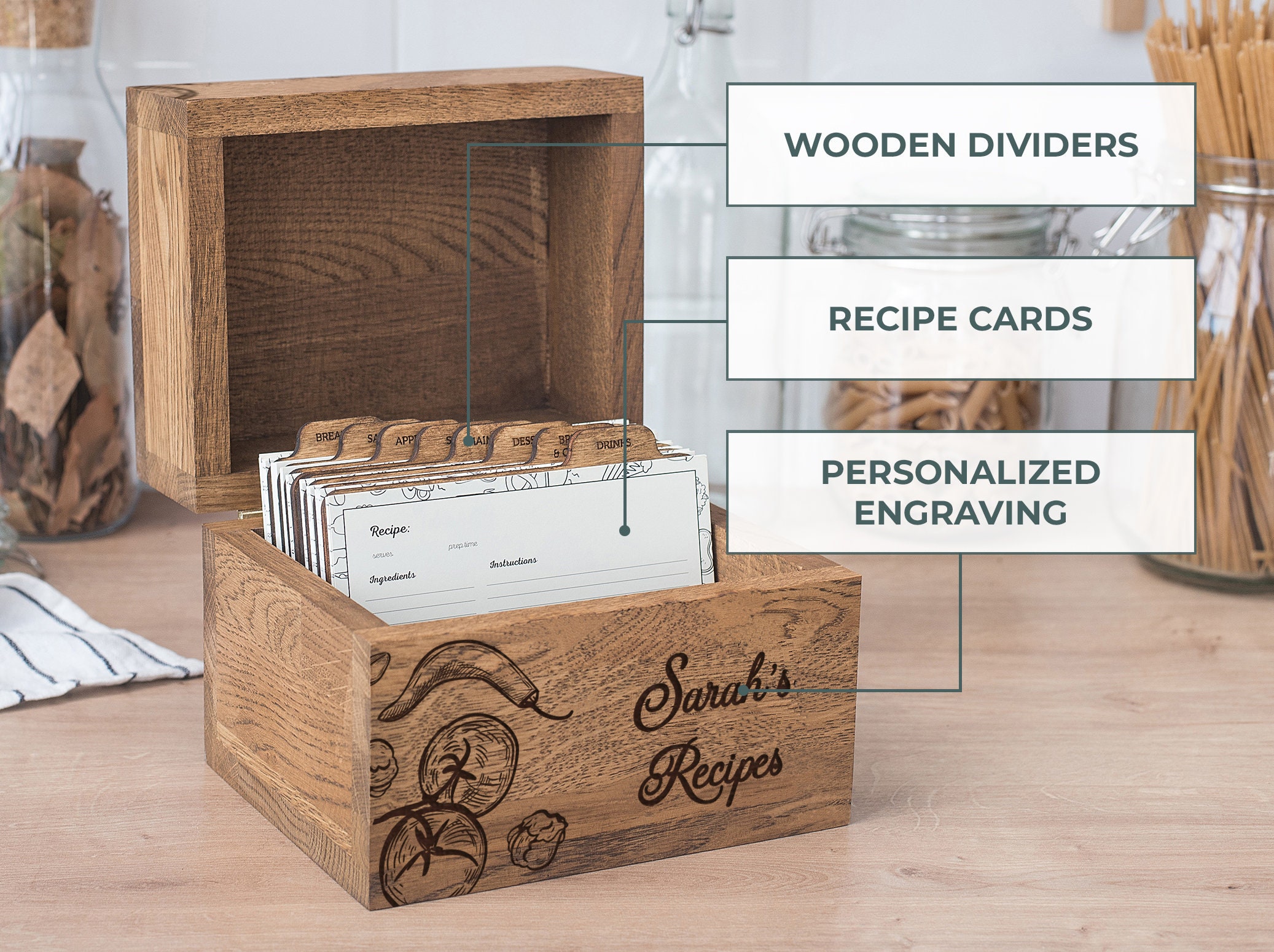 Recipe Box 4x6 Cards Wooden Dividers Personalized Mothers Day Gift - Etsy