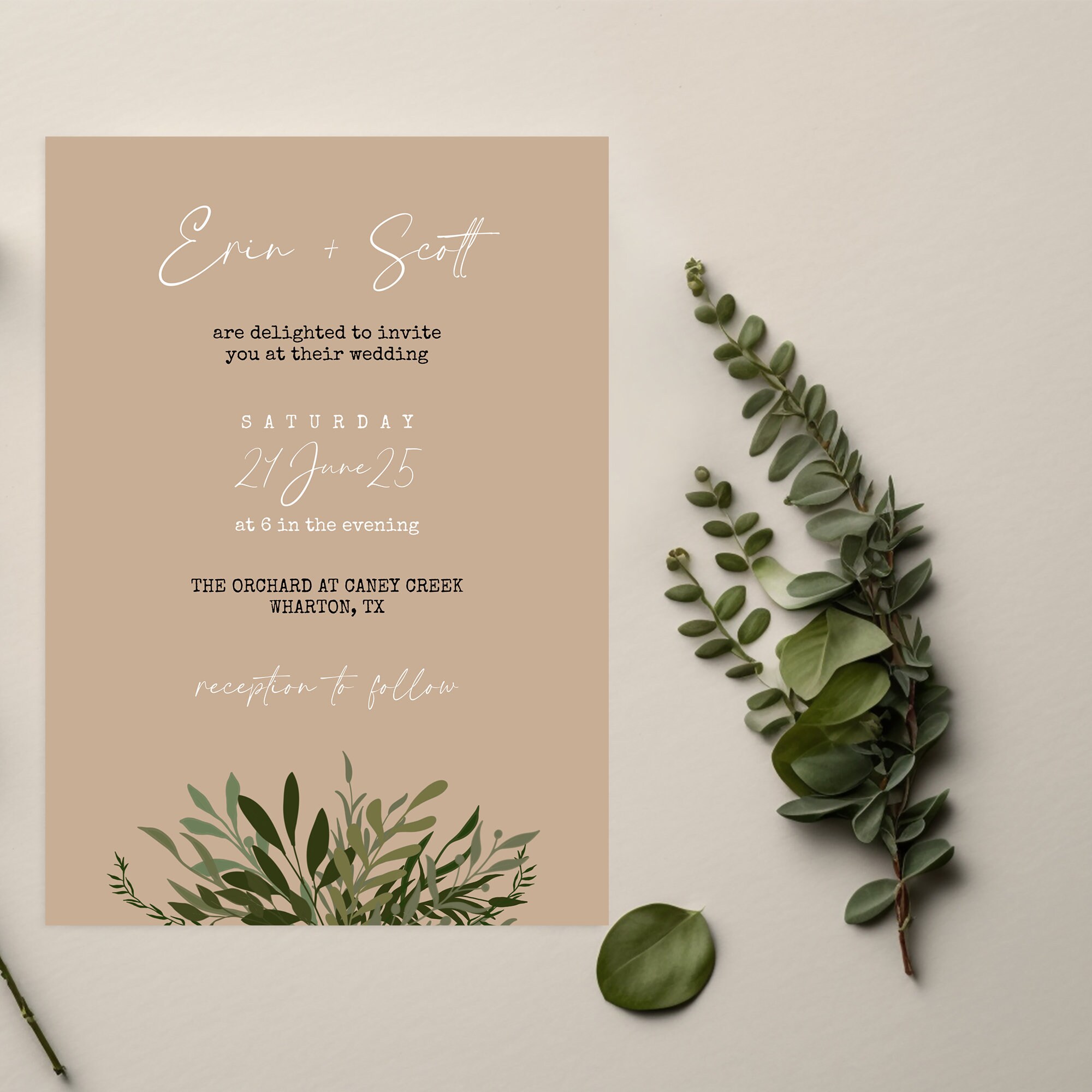 LEAFY Paper Kraft Wedding Invitation, Printable Wedding Invite Template ...