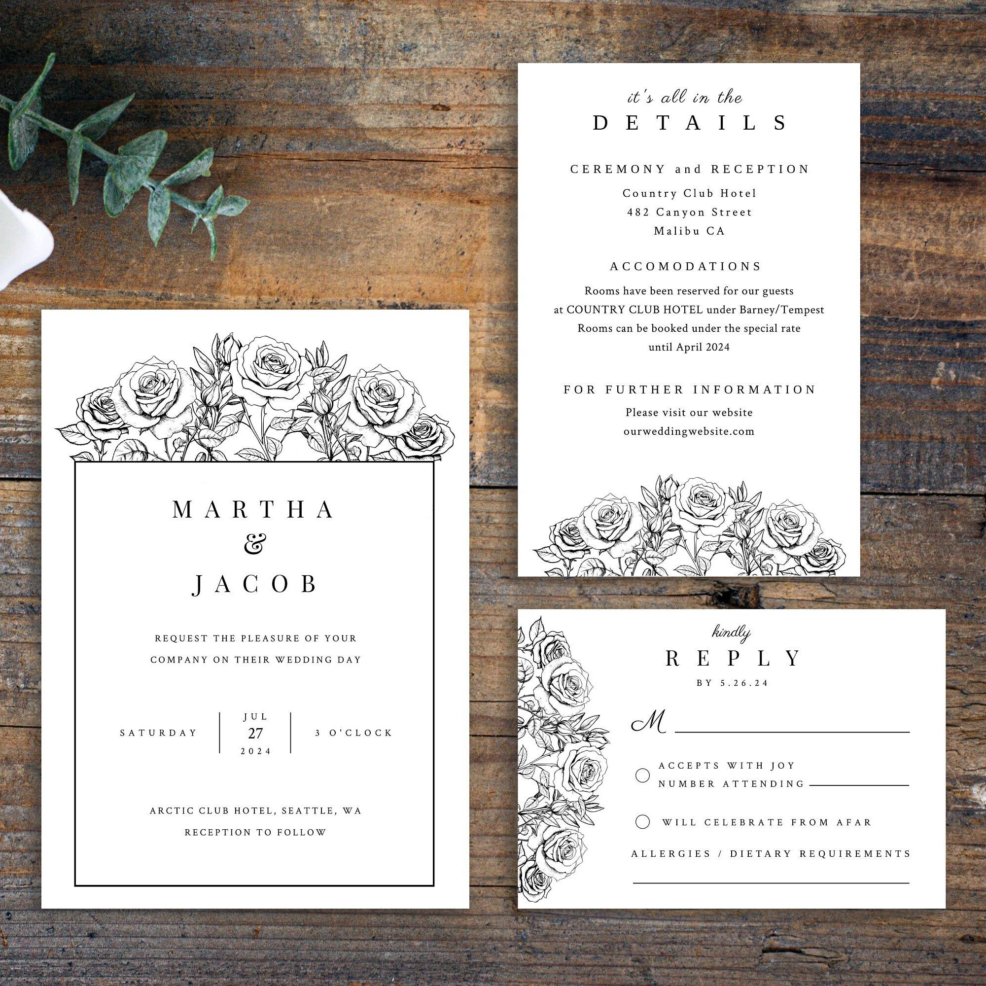 FIRENZE Roses Wedding Invitation Set Template, Elegant Wedding Set ...