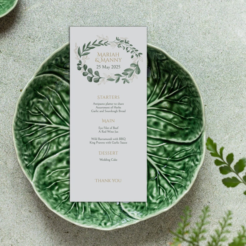 Classic Wedding Greenery Menu Template, Wedding Leafy Menu Download ...