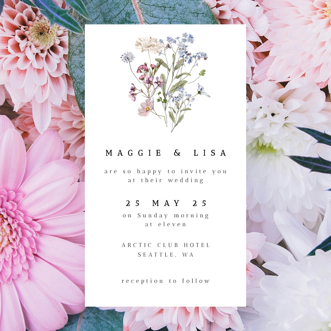 Wedding Simple Bouquet Invitation, Printable Wedding Invites Template ...