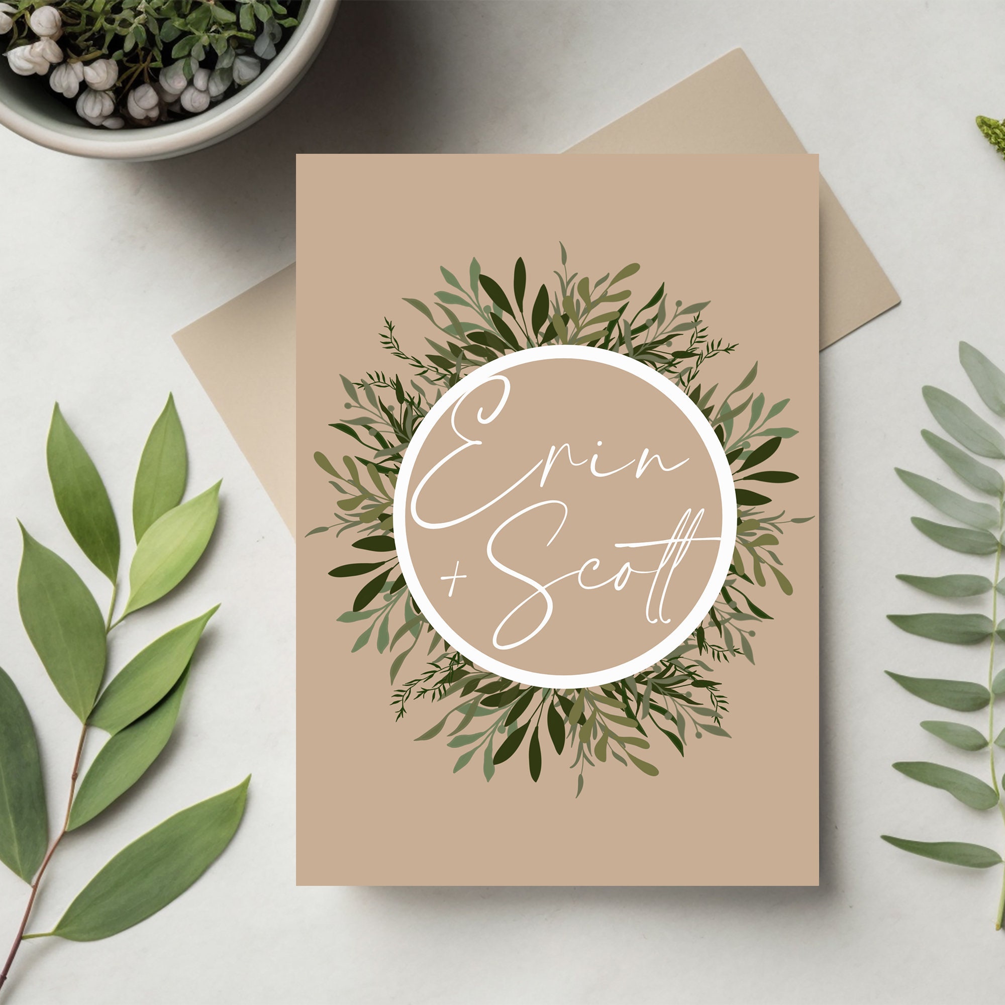 LEAFY Paper Kraft Wedding Invitation, Printable Wedding Invite Template, Leafy Circle Invitation ...