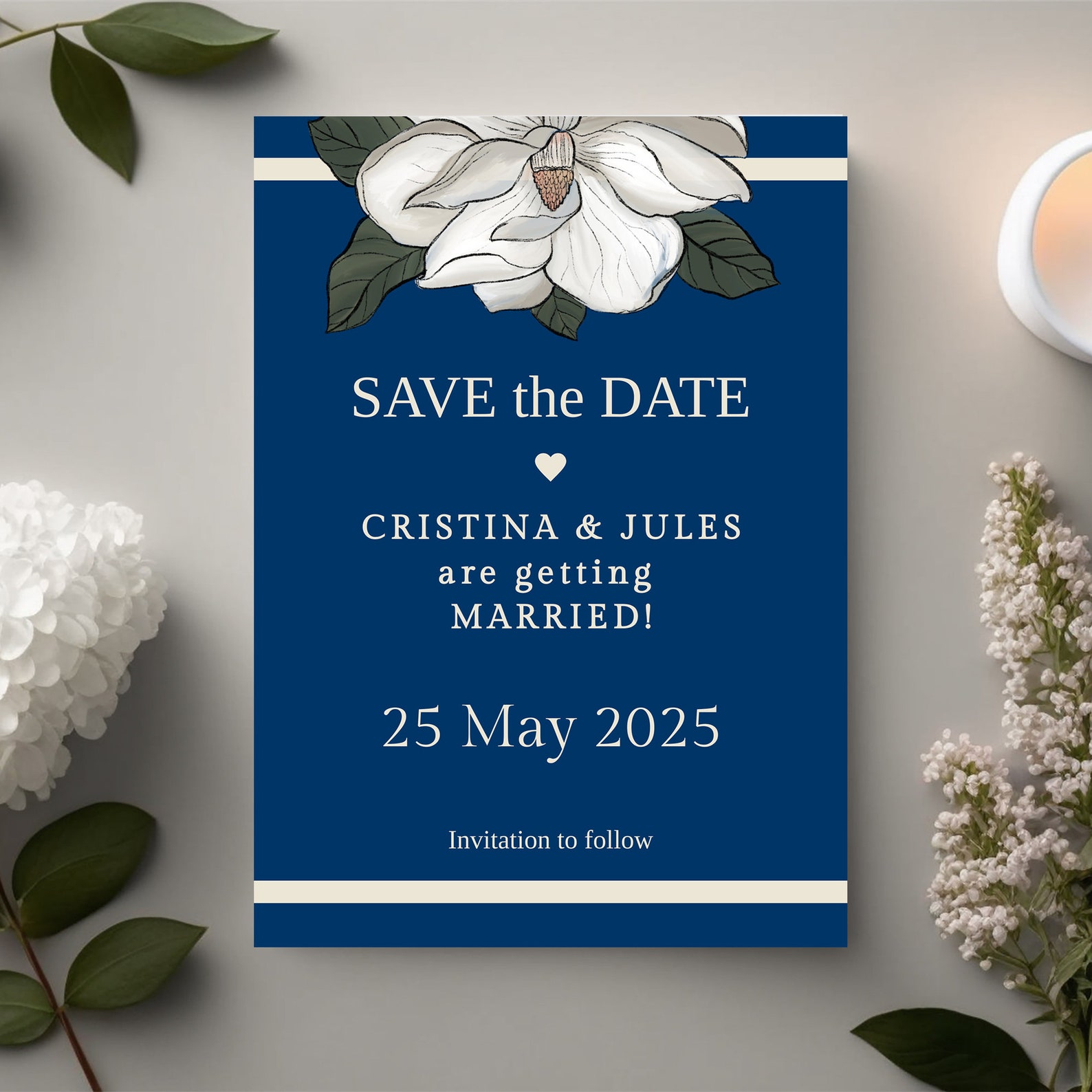 Blue and Cream Save the Date Invitation Template With Magnolia ...