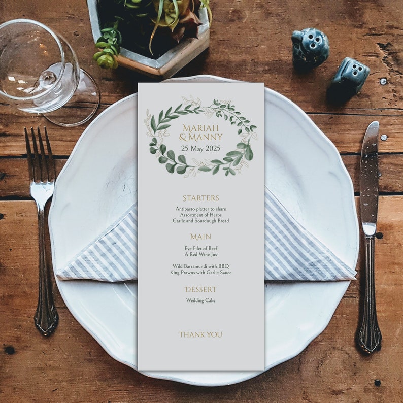 Classic Wedding Greenery Menu Template, Wedding Leafy Menu Download ...