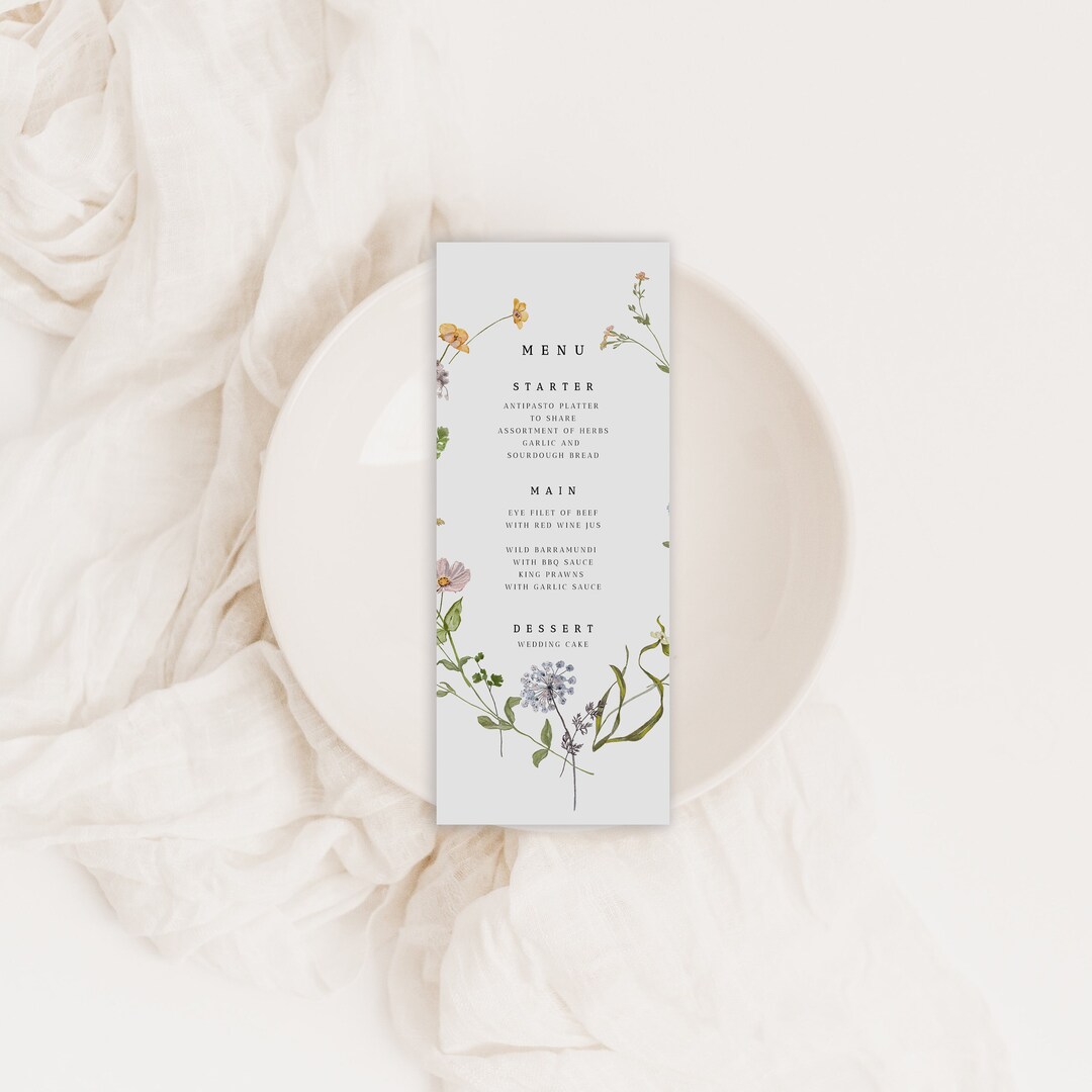 Meadows Flowers Wreath Wedding Menu, Wedding Leafy Menu Template ...