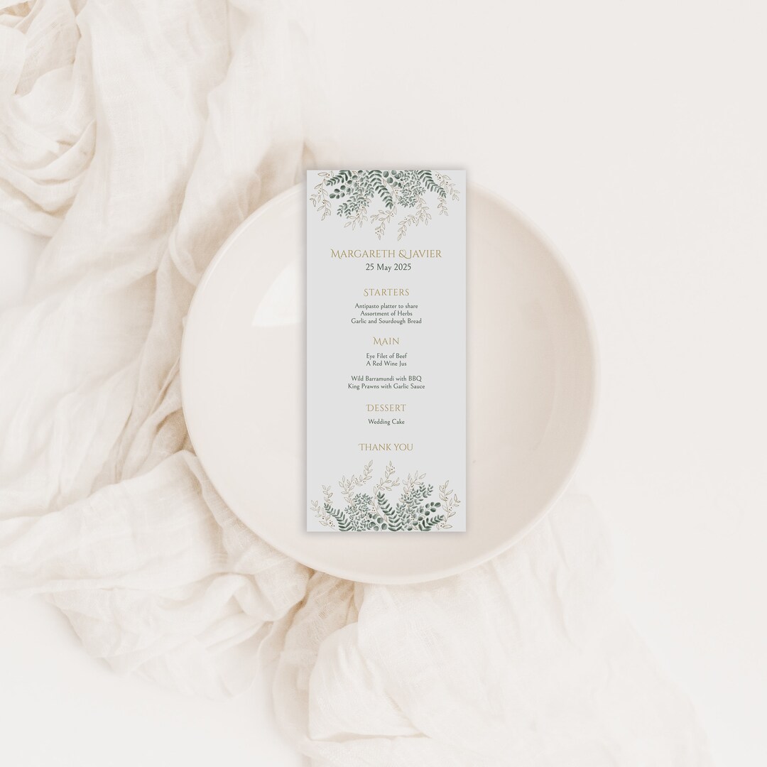 Classic Wedding Greenery Menu Template, Wedding Leafy Menu Download ...