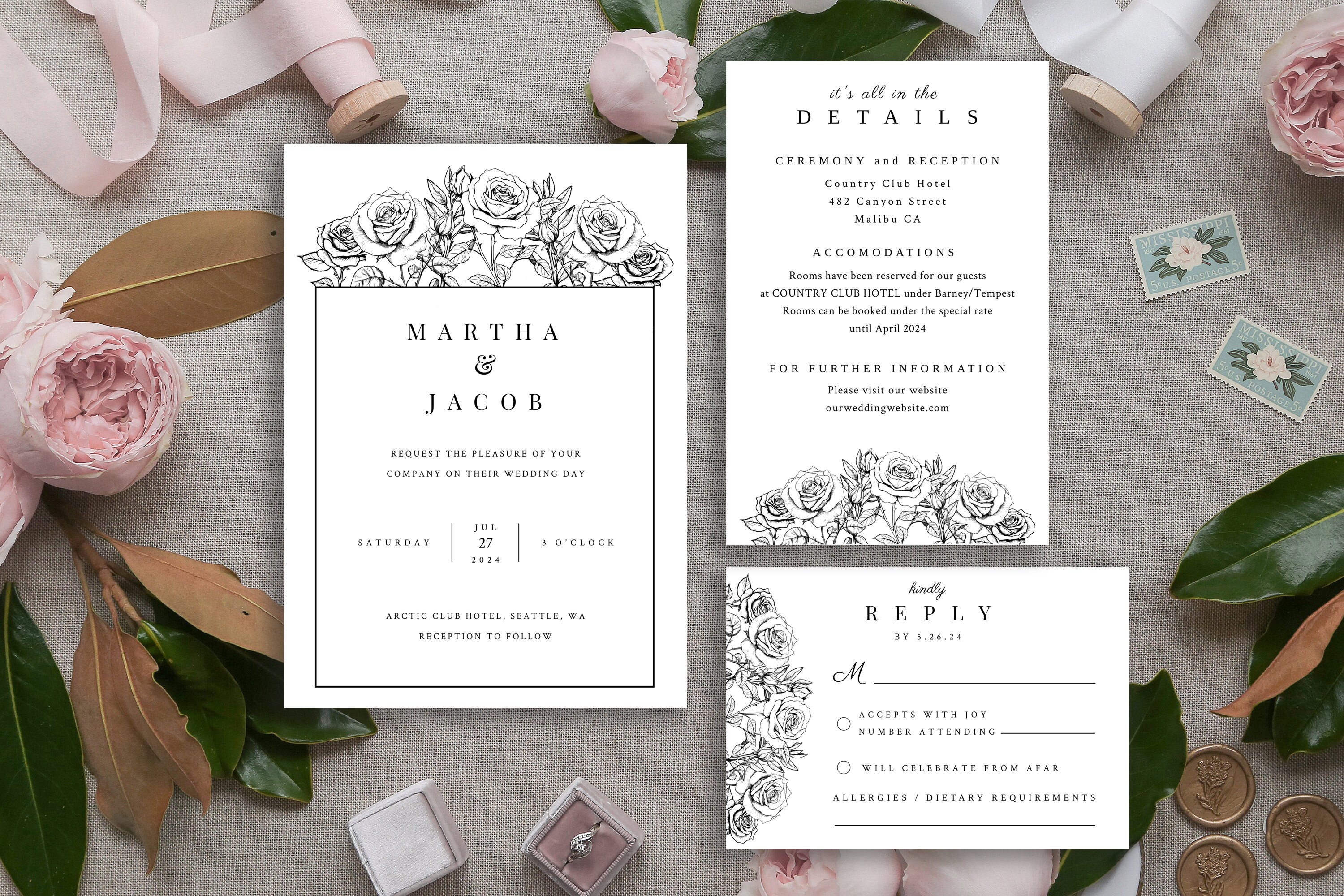 FIRENZE Roses Wedding Invitation Set Template, Elegant Wedding Set ...