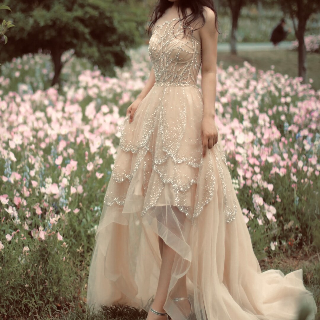 Flower Petal Formal Prom Dress or Wedding Dress in Champagne Blush With ...