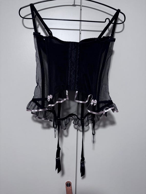 Black & Baby Pink Corset/Basque with Suspenders - Gem