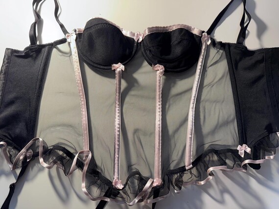 Black & Baby Pink Corset/Basque with Suspenders - Gem