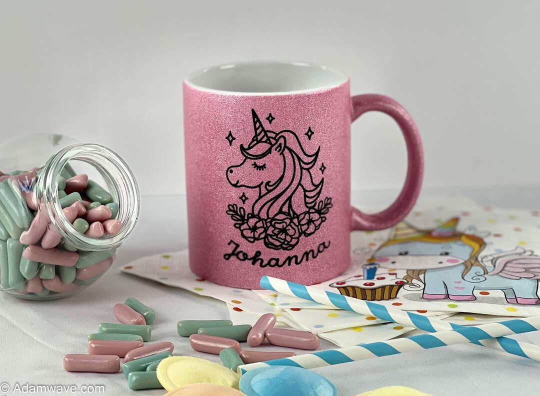 Personalized Pink Glitter Cup With Name and Date Unicorn - Etsy