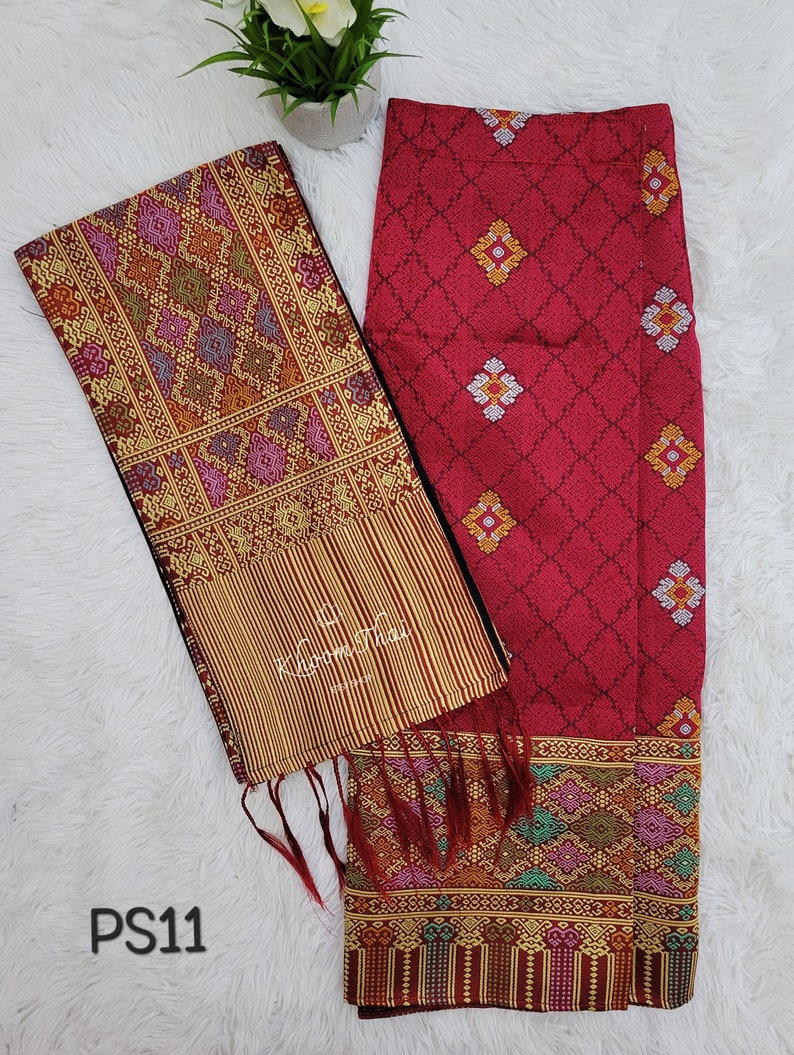 Premium Lao Sinh & Pah Biang Set | Traditional Lao Skirt + Shawl | Lao ...