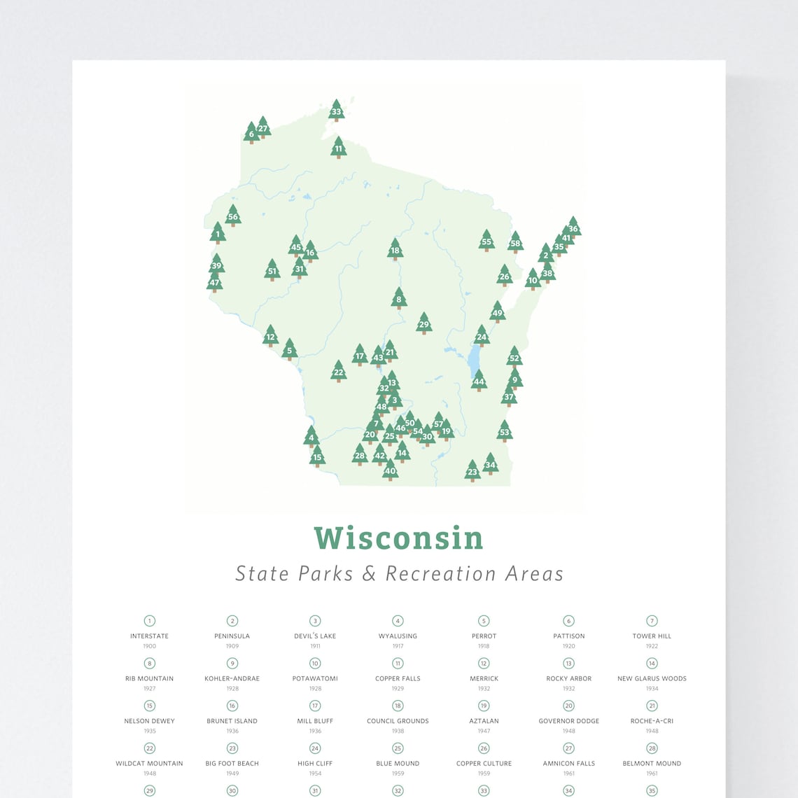 Wisconsin State Parks Checklist Map Download 8x10 to - Etsy