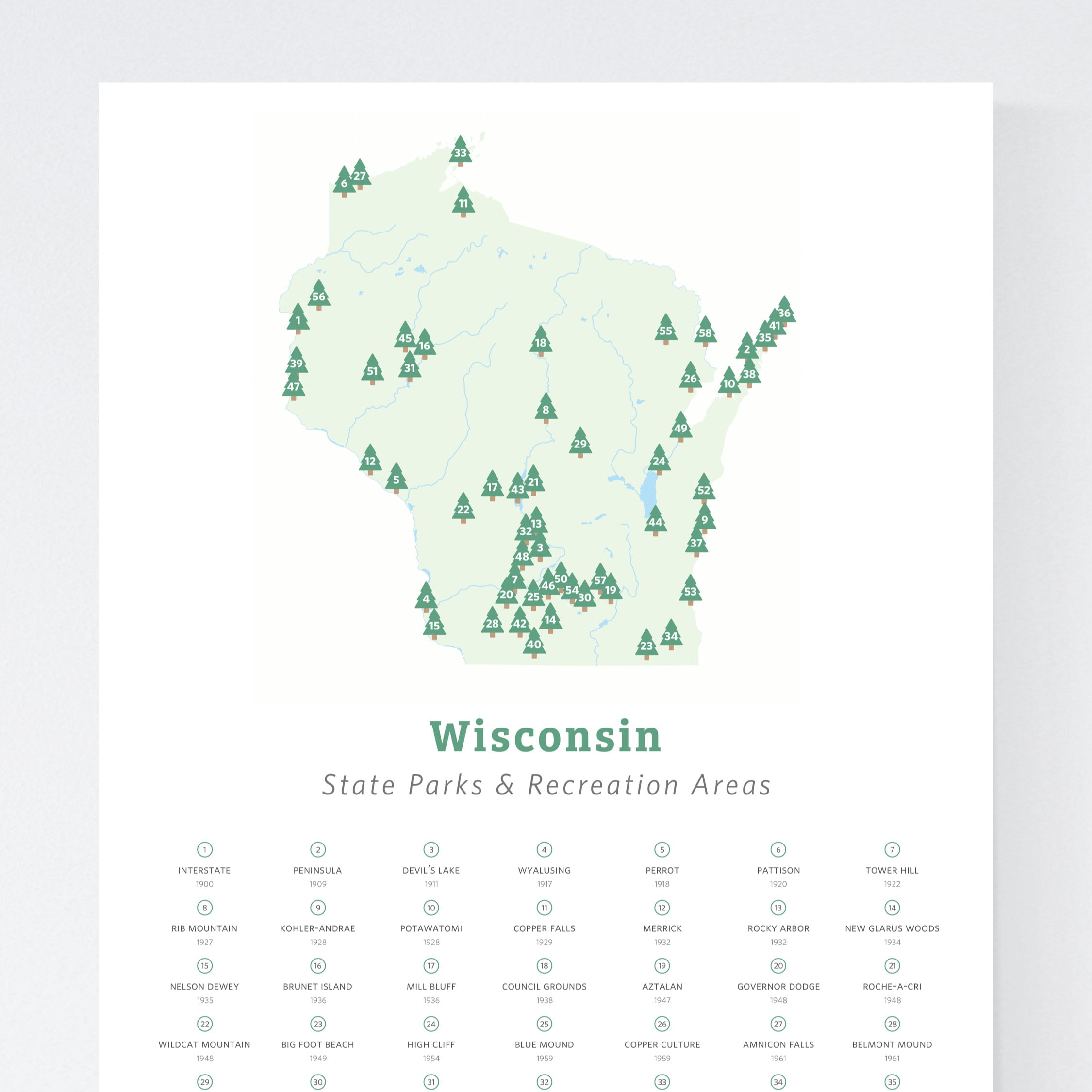 Wisconsin State Parks Checklist Map Download 8x10 to - Etsy