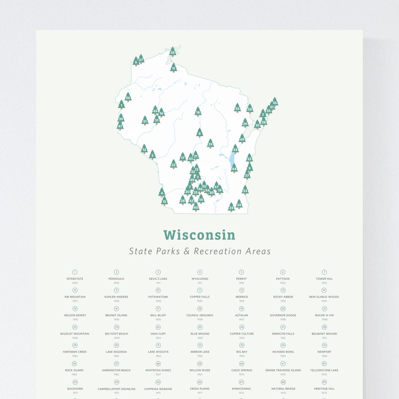 Map of Wisconsin State Parks Download 8.5x11 Print at Home / - Etsy
