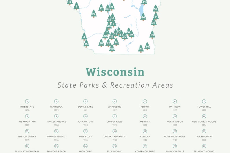 Wisconsin State Parks Map, Checklist Art Print (8.5x11 Digital Download ...