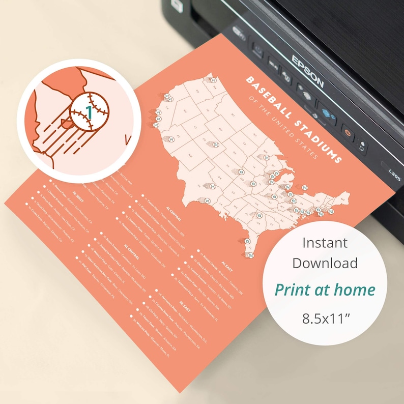 MLB Baseball Stadiums Map Checklist, Travel Tracker (8.5x11 Print at ...