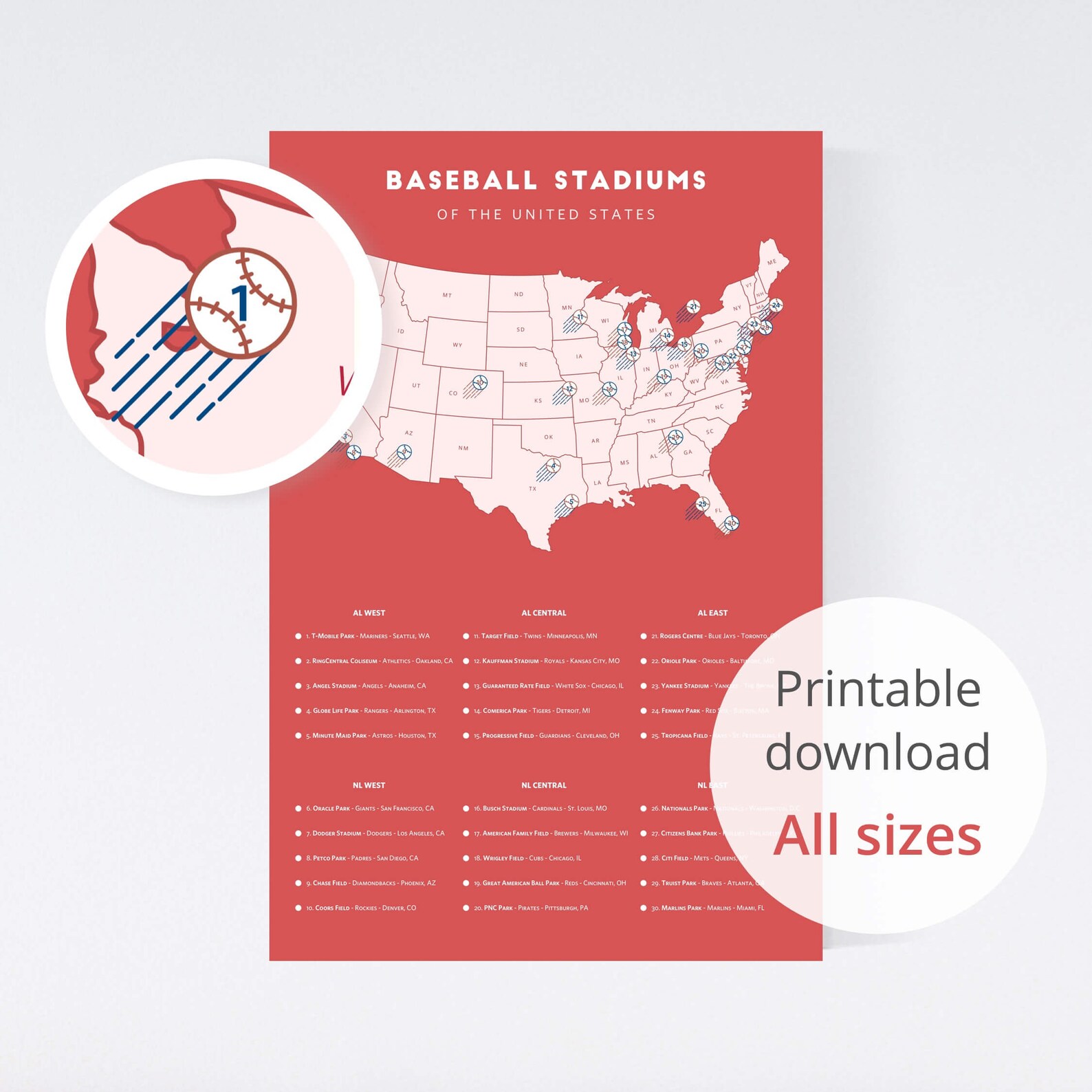 Red MLB Stadiums Checklist Download 8x10 to - Etsy