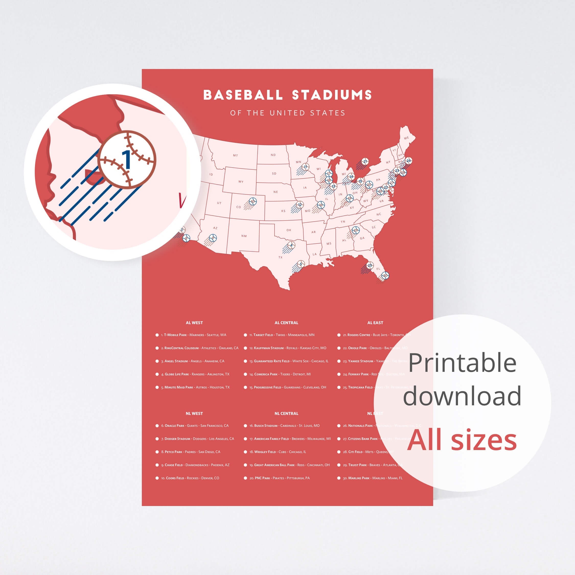 Red MLB Stadiums Checklist Download 8x10 to - Etsy