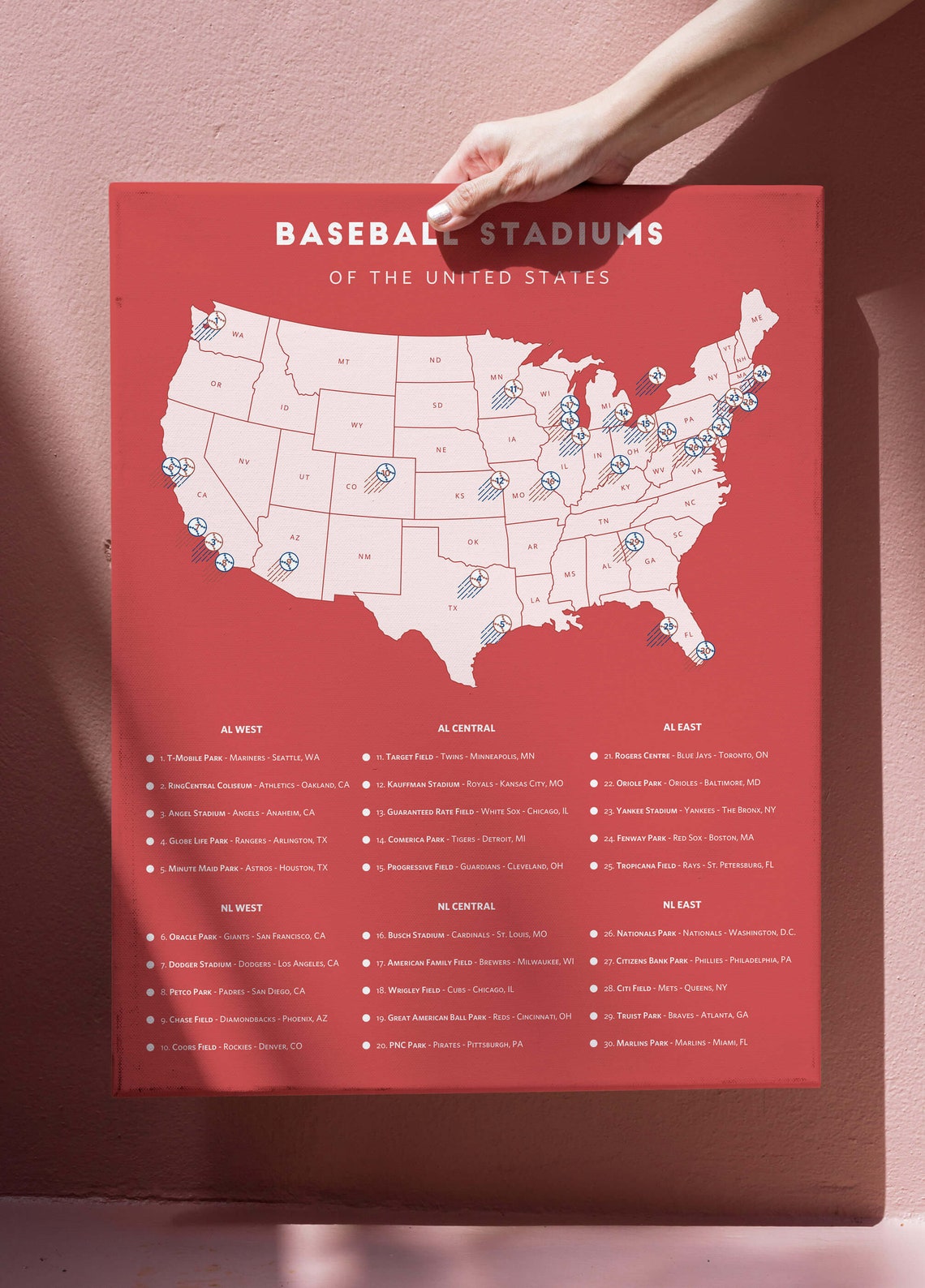 Baseball Stadiums Checklist Map (8x10" to 24x36") / Baseball Poster ...