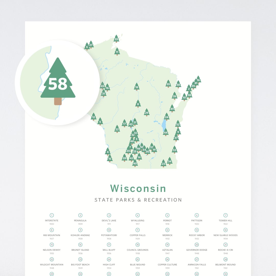 Wisconsin State Parks Checklist Map all Sizes / Wisconsin - Etsy
