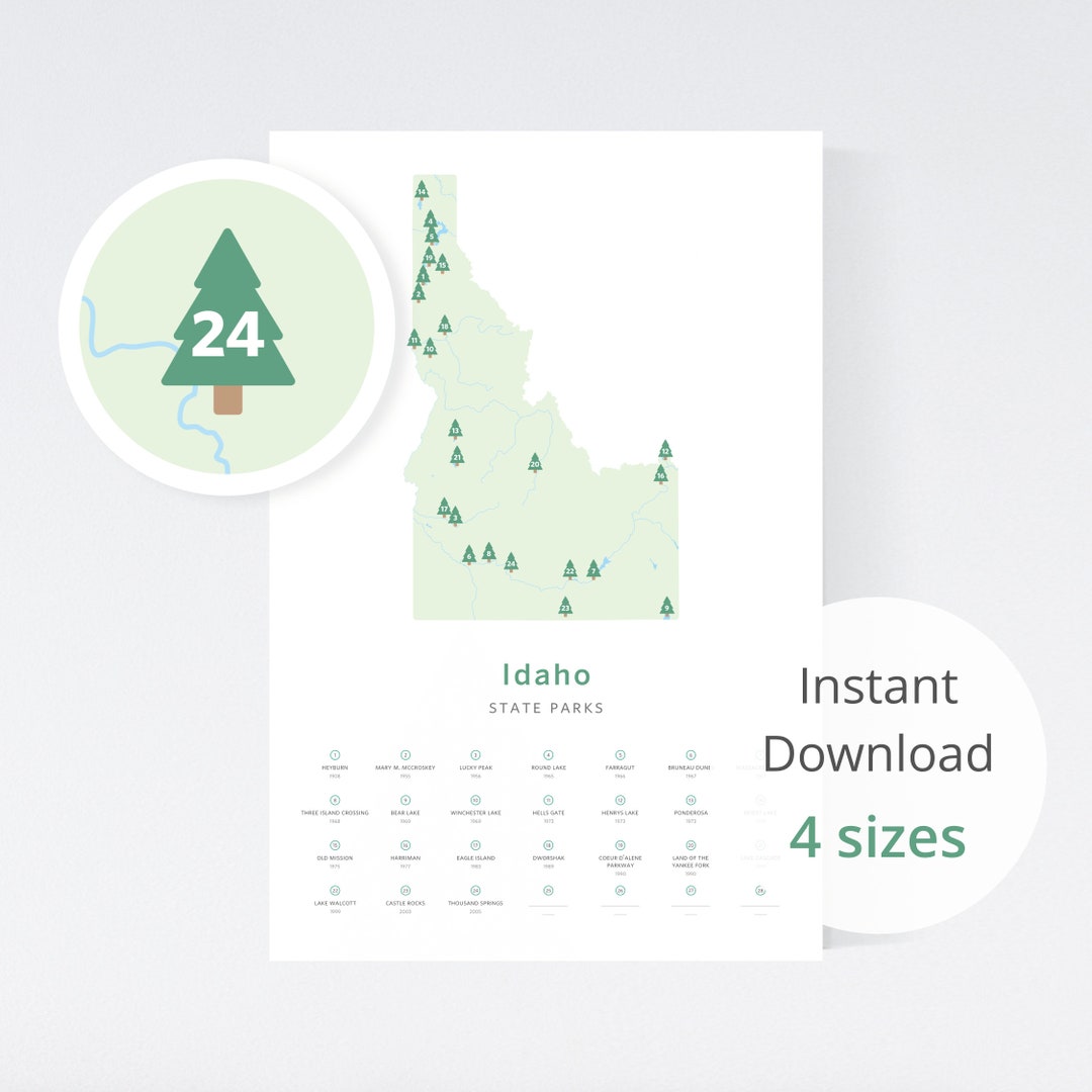 Map of Idaho State Parks Poster (8x12" to 20x30") / Idaho Checklist Map ...