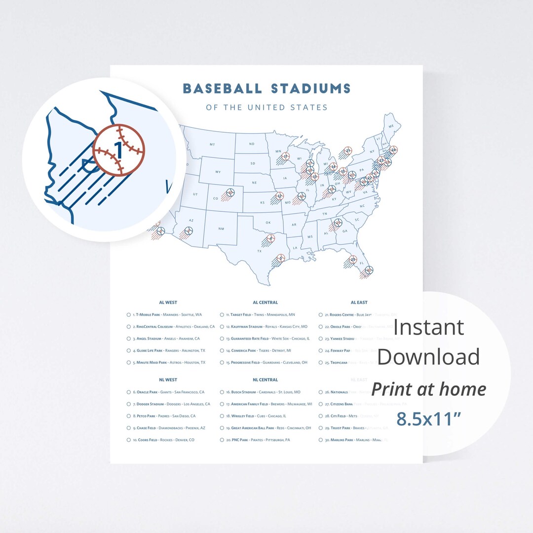 Baseball Stadiums Tracker Map Download print at Home 8.5x11 - Etsy