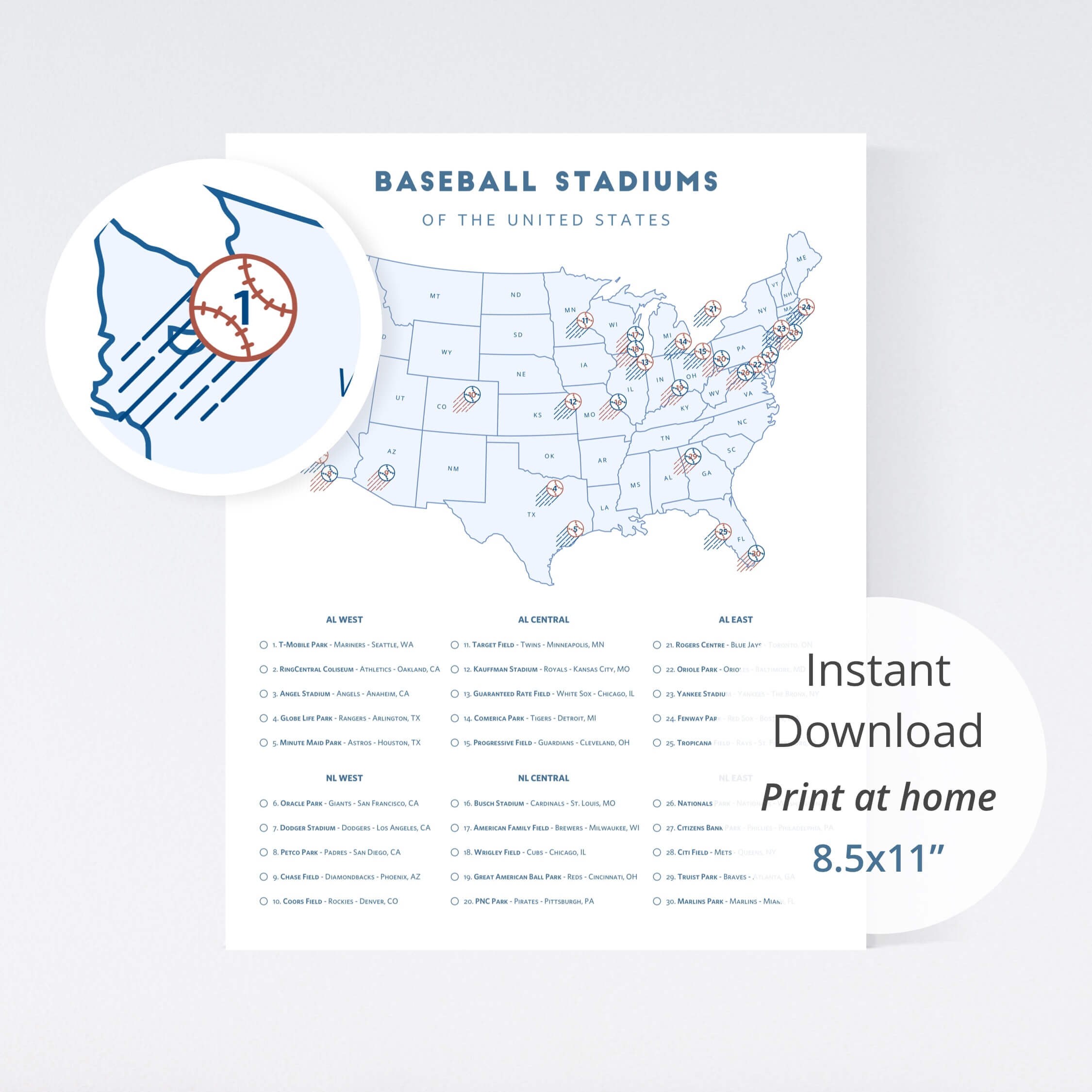 Baseball Stadiums Tracker Map Download print at Home 8.5x11 - Etsy