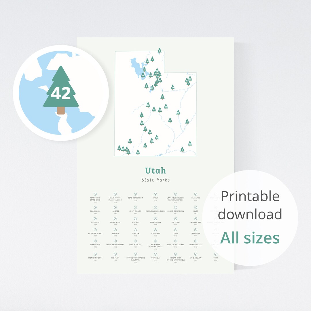 Utah State Parks Map Checklist Printable Download 8x10 to 24x36 / Utah ...