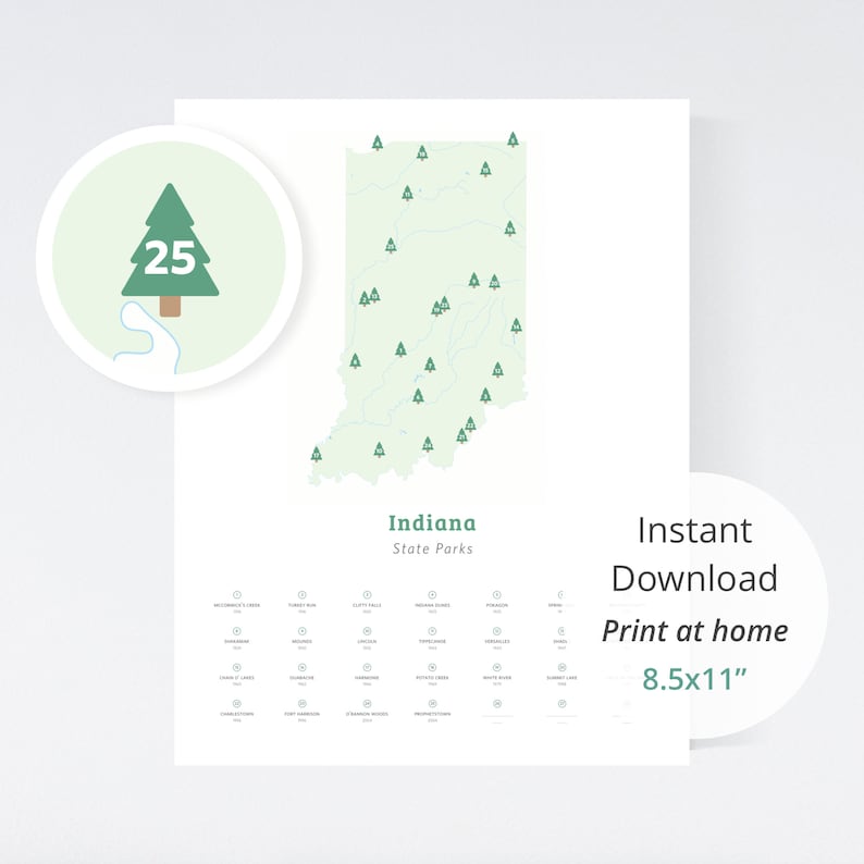 Map of Indiana State Parks Download 8.5x11 Print at Home / - Etsy
