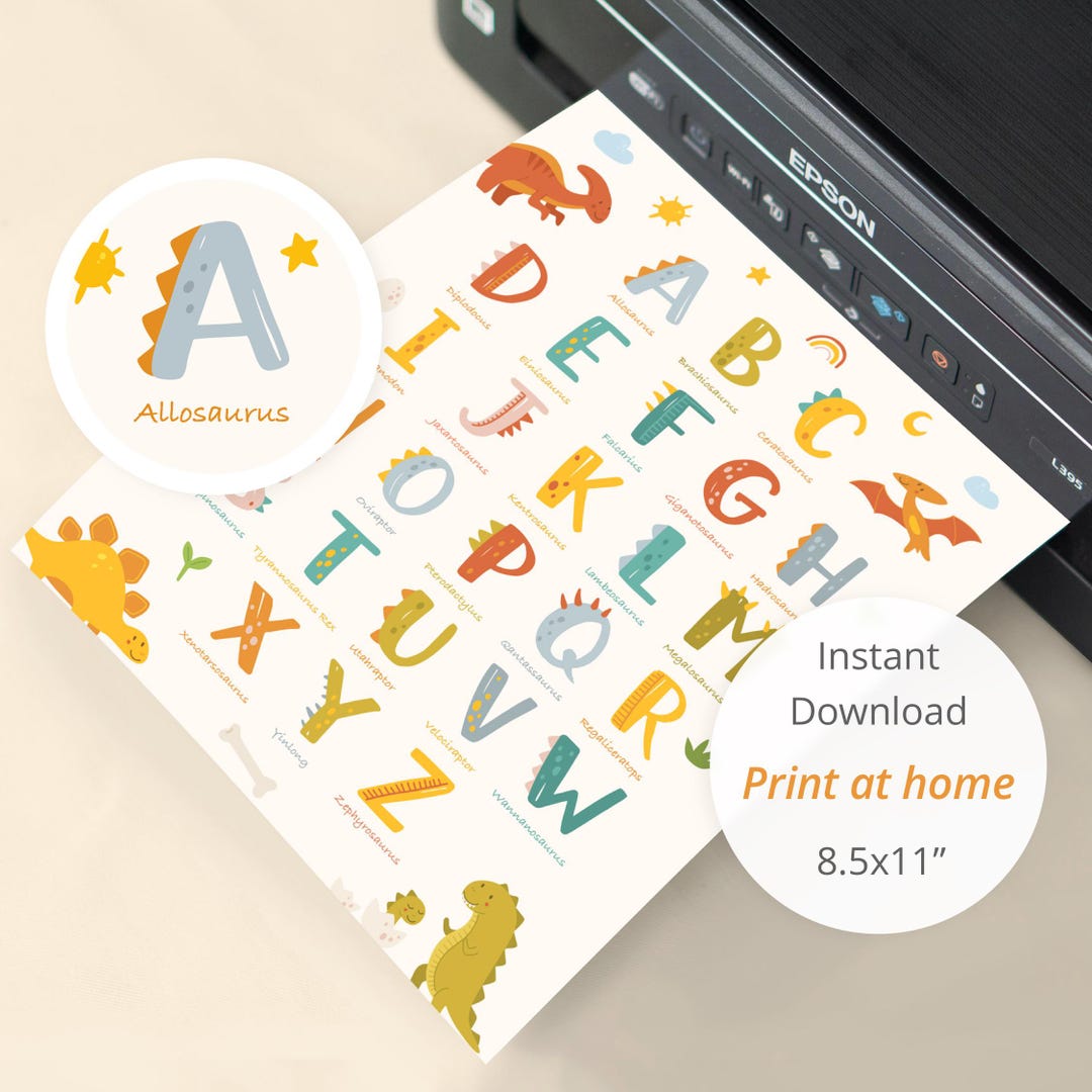 Dinosaur Alphabet Art • Dinosaur Themed Alphabet Poster, 3rd Birthday ...