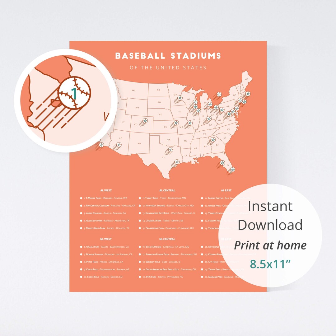 Map of Baseball Stadiums 8.5x11 Print at Home / MLB Stadium - Etsy