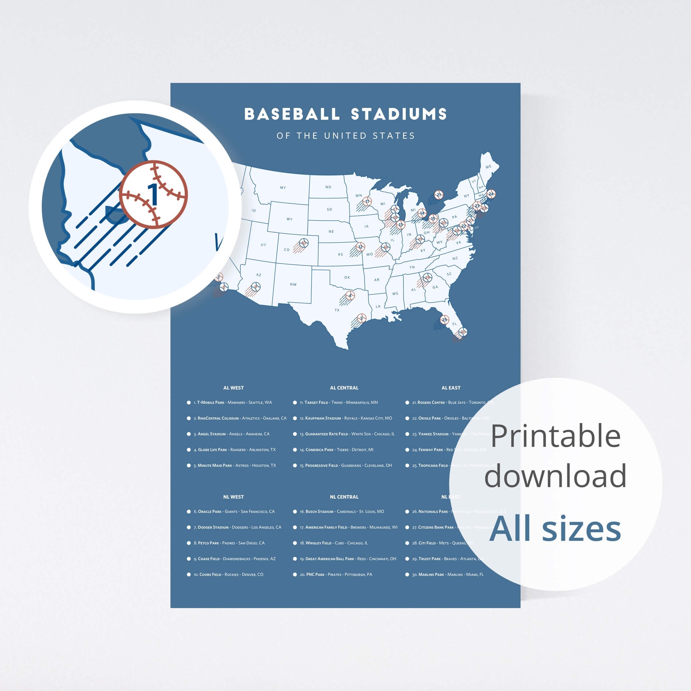 Blue MLB Baseball Stadiums Map Printable Download 8x10 - Etsy Canada