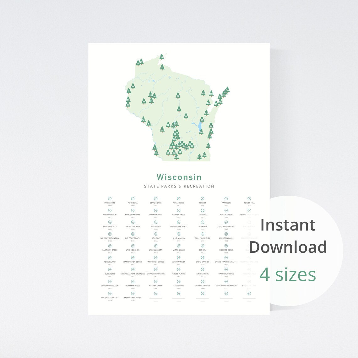 Wisconsin State Parks Checklist Map Download 8x12 to | Etsy