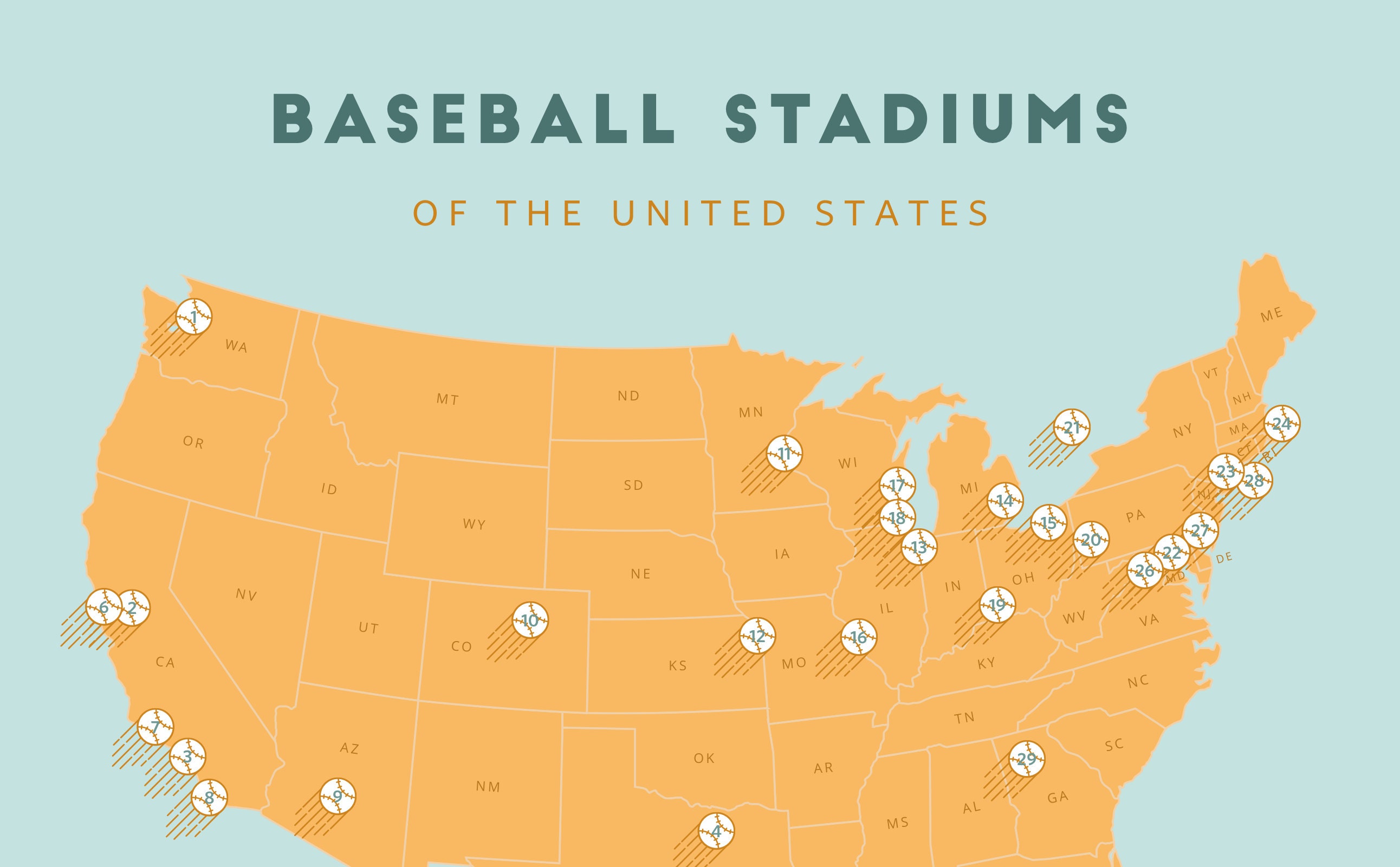 Map of Baseball Stadiums Download GOLD (8x12" to 20x30") / Checklist of ...