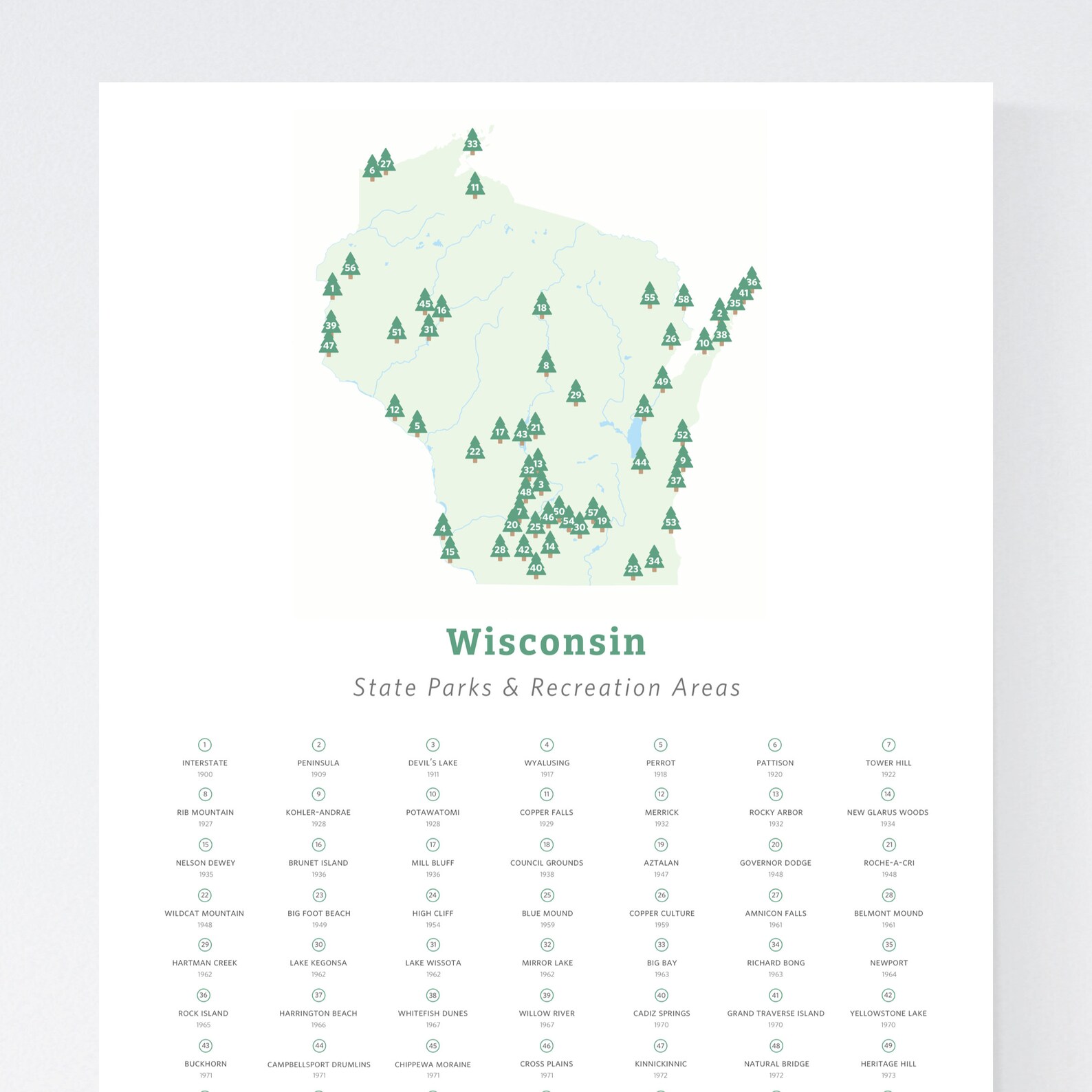 Wisconsin State Parks Tracker Map Download 8.5x11 Print at - Etsy