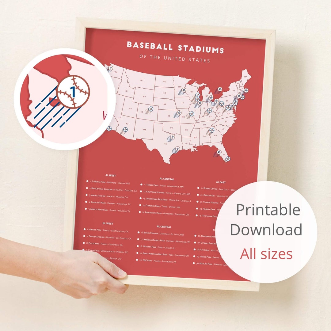 Red MLB Stadiums Checklist Download (8x10" to 24x36") / Stadiums Map ...