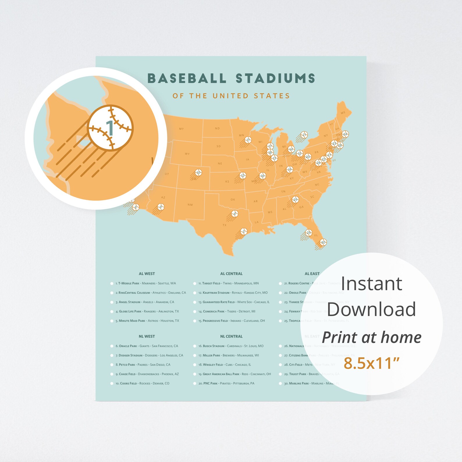 Map of Baseball Stadiums Download instant Download 8.5x11 / - Etsy