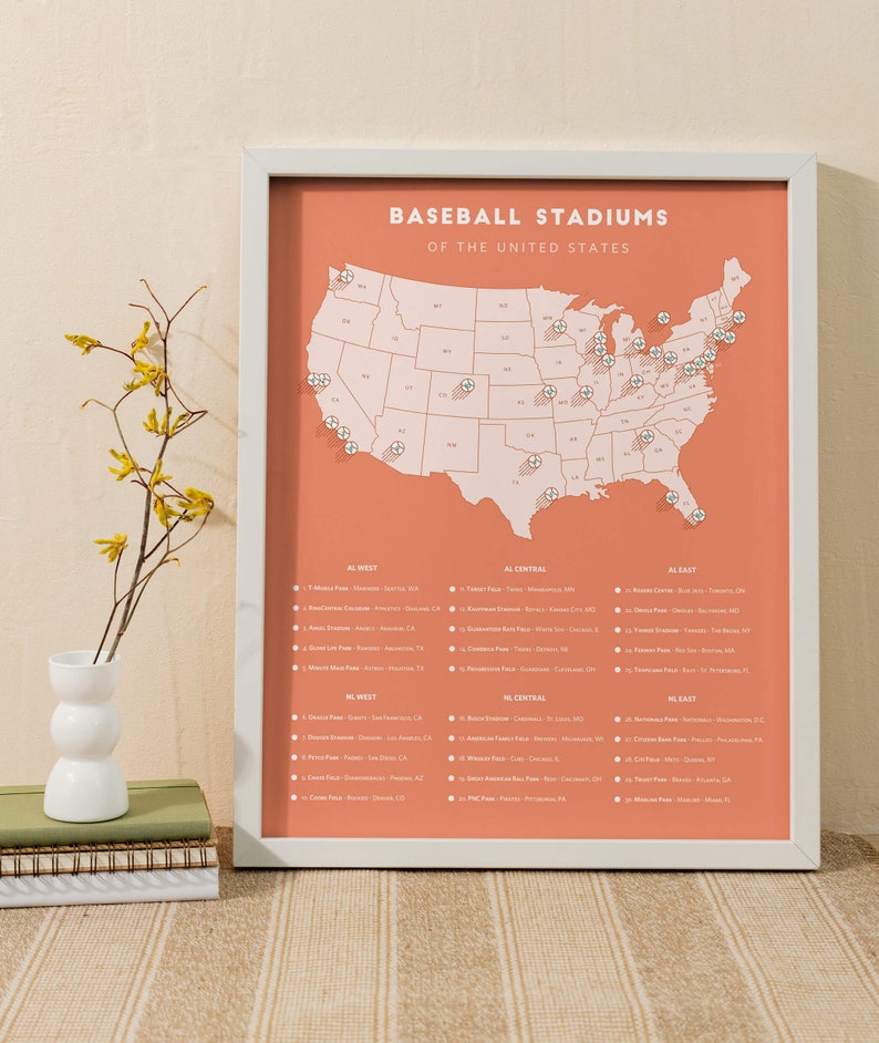 MLB Baseball Stadiums Map Checklist, Travel Tracker (8.5x11 Print at ...