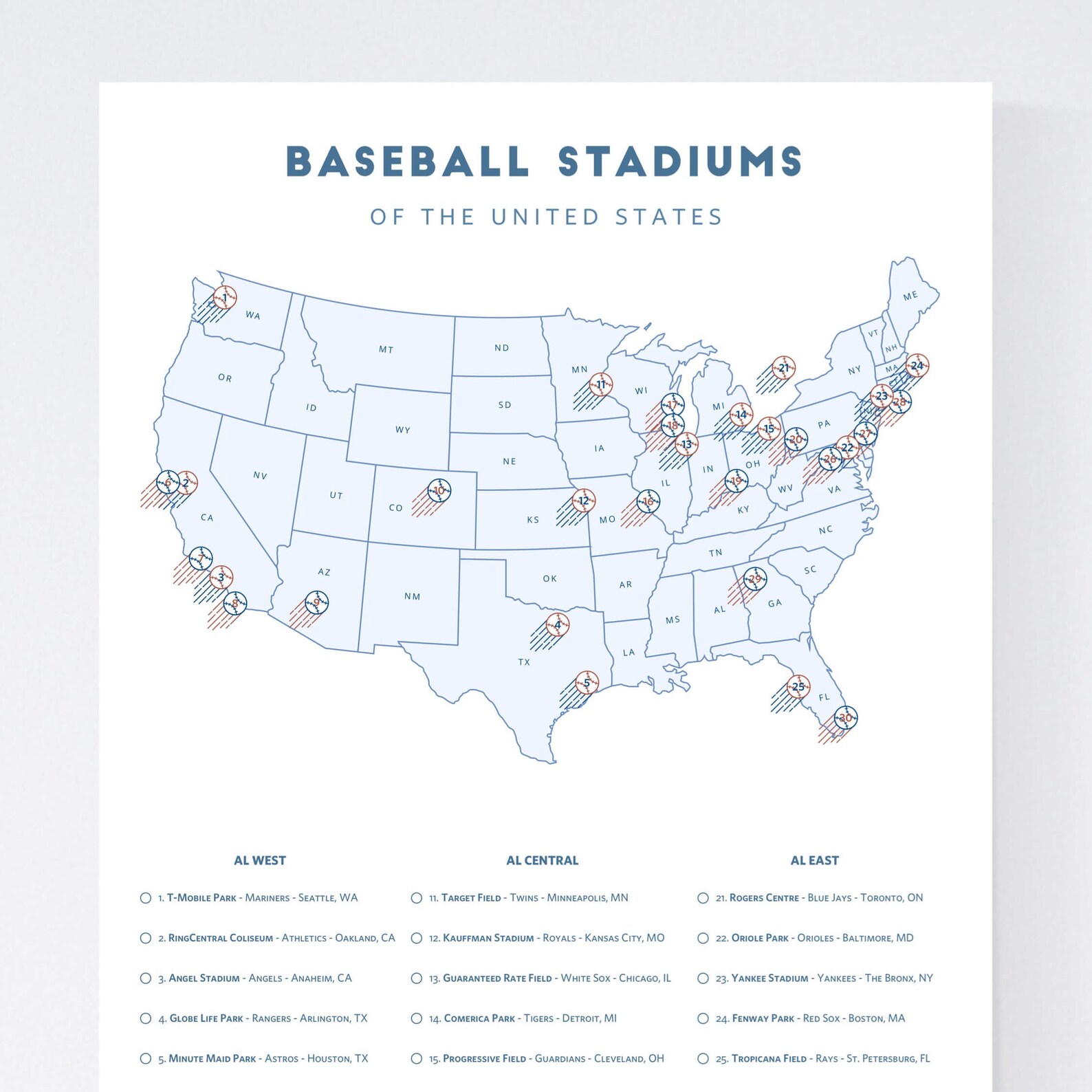 White Map of Baseball Stadiums Download 8x10 to - Etsy