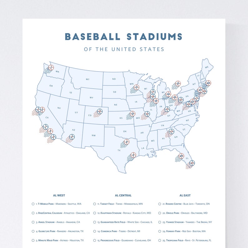White Map of Baseball Stadiums Download 8x10 to - Etsy