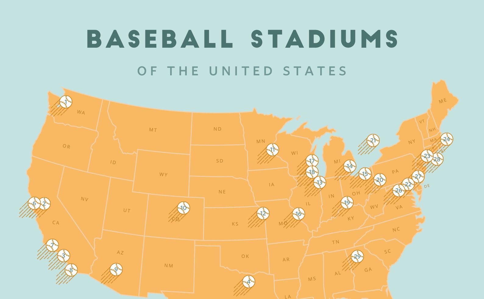 Map of Baseball Stadiums Download instant Download 8.5x11 / | Etsy