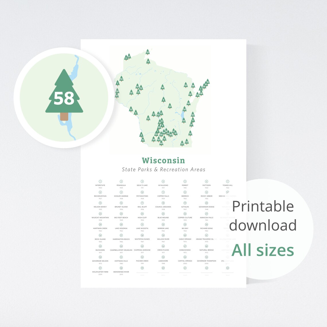 Wisconsin State Parks Checklist Map Download 8x10 to - Etsy