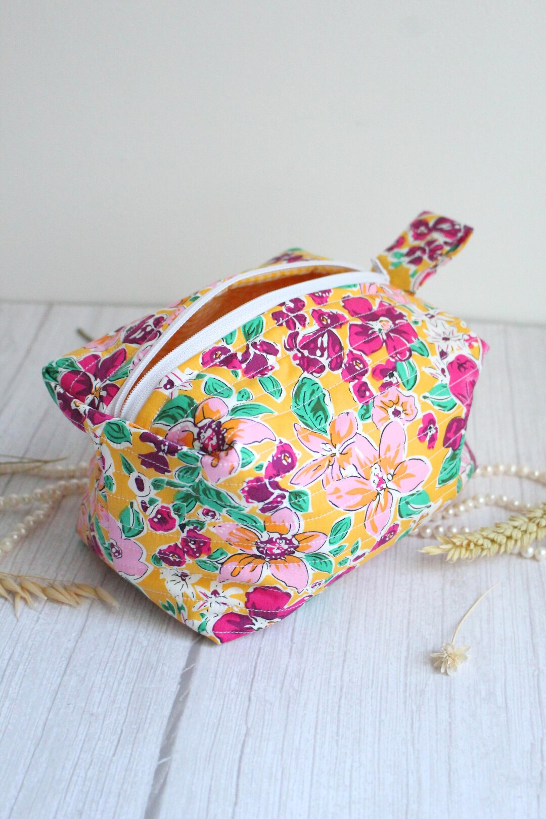 Yellow Floral Quilted Box Pouch - Etsy