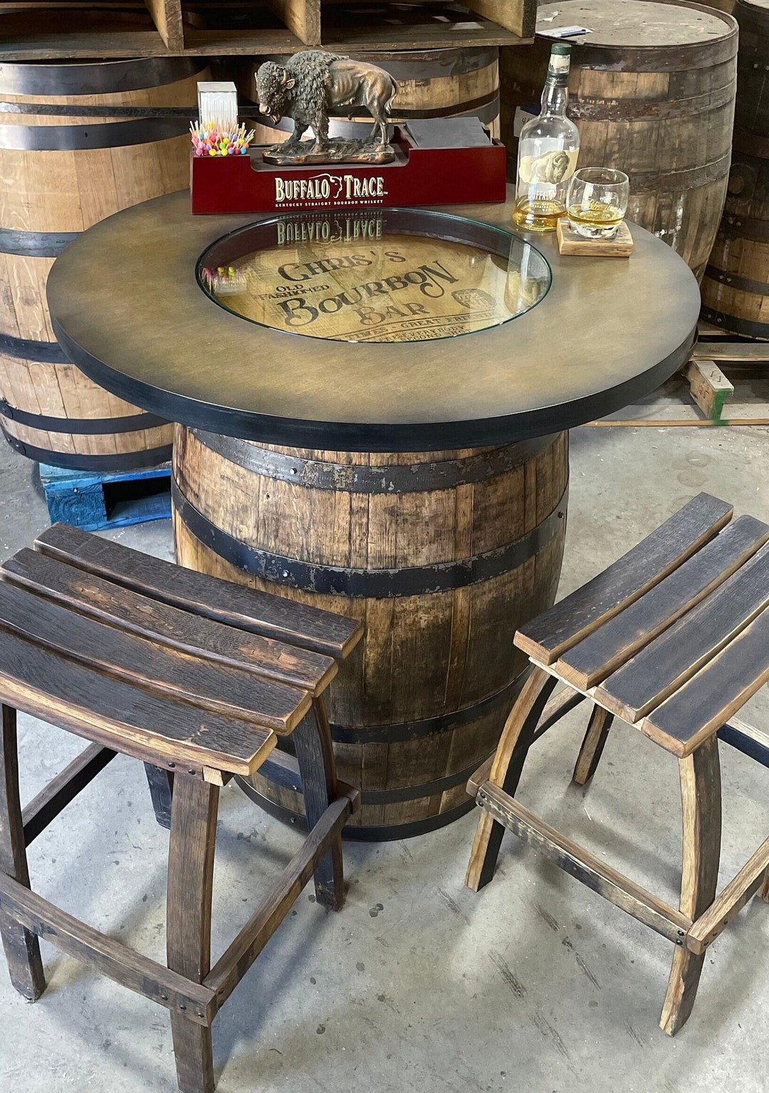 Custom Made Bourbon Barrel Bistro/pub Table Table With Glass Insert ...