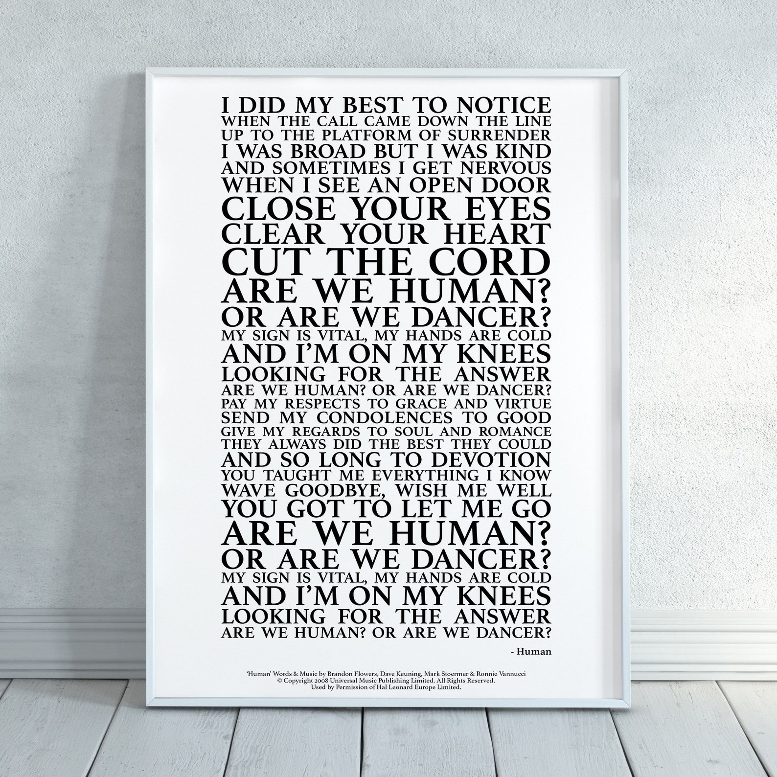 Human Song Lyrics Print Official Licensed Print Poster - Etsy UK