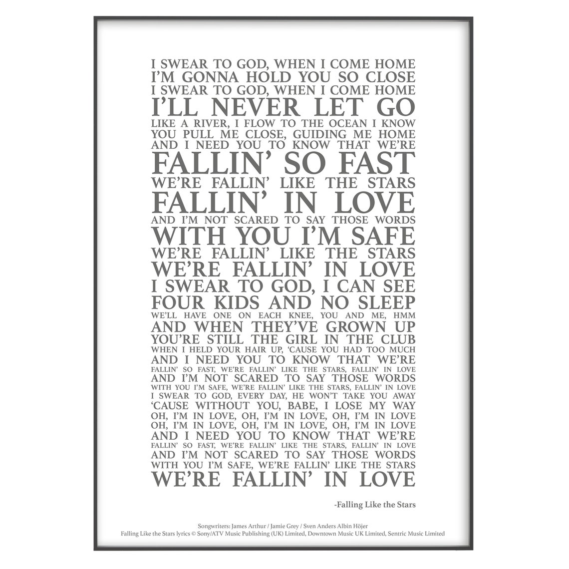 Falling Like the Stars Song Lyrics Print Official Licensed | Etsy UK