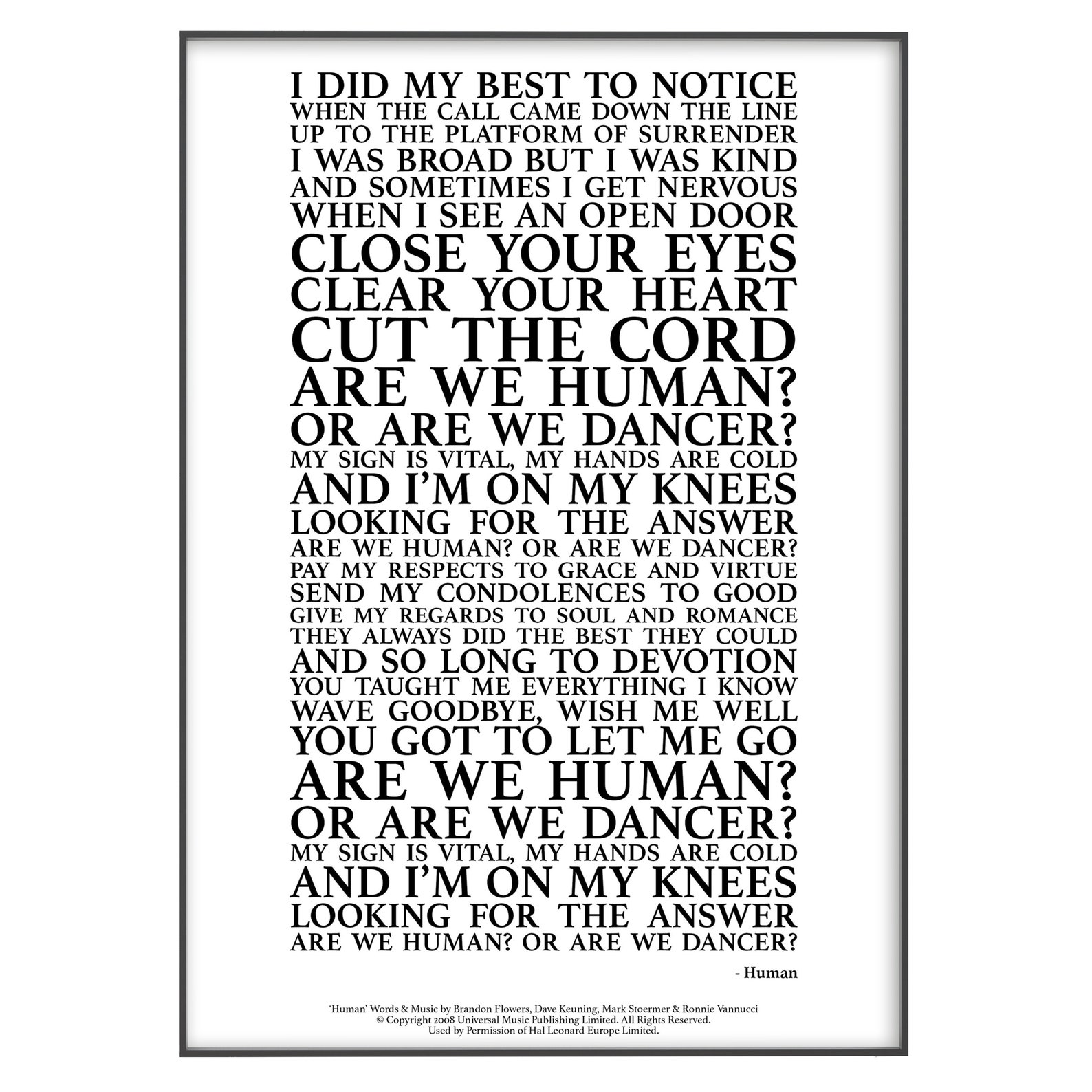 Human Song Lyrics Print Official Licensed Print Poster - Etsy UK